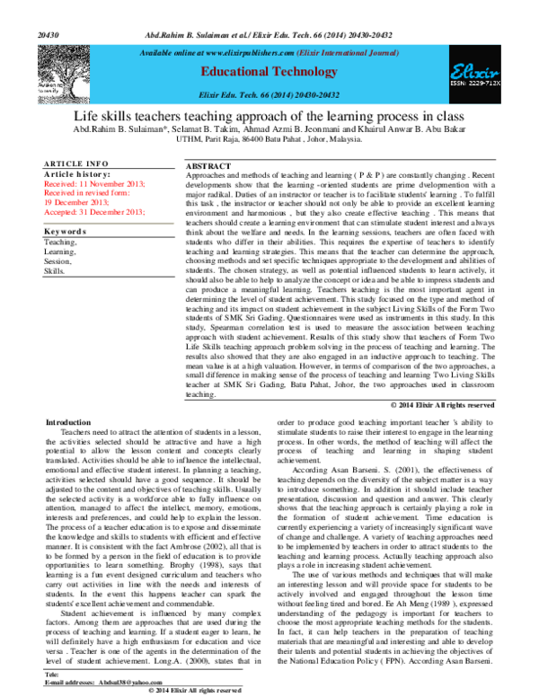 (PDF) Life skills teachers teaching approach of the learning process in ...
