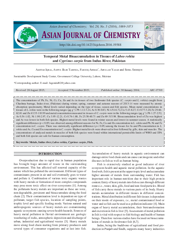(PDF) Temporal Metal Bioaccumulation in Tissues of Labeo rohita and Cyprinus carpio from Indus ...
