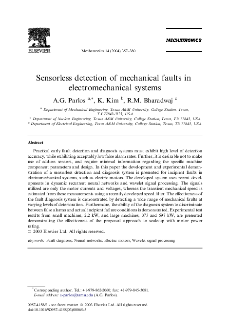 (PDF) Sensorless detection of mechanical faults in electromechanical systems