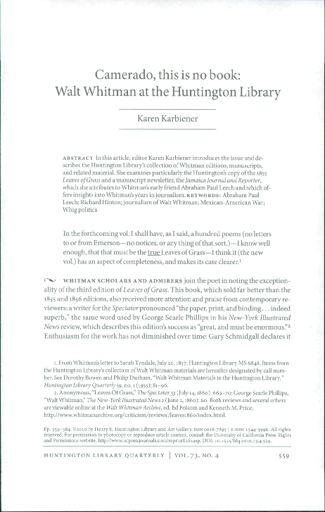 (PDF) Walt Whitman at the Huntington Library: A Curated Overview