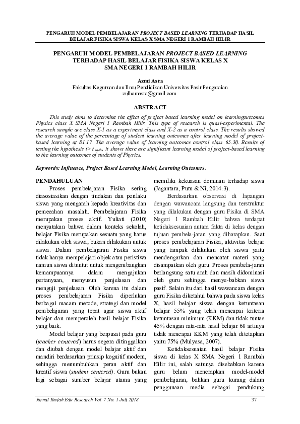 (PDF) Pengaruh Model Pembelajaran Project Based Learning Terhadap Hasil Belajar Fisika Siswa ...