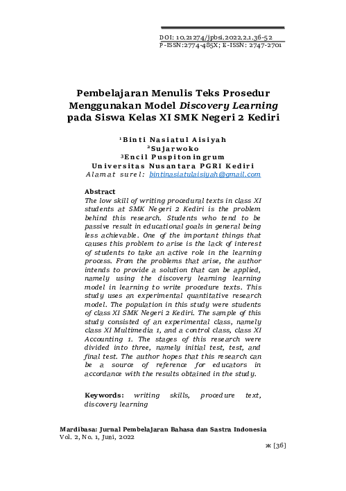 (PDF) Pembelajaran Menulis Teks Prosedur Menggunakan Model Discovery Learning pada Siswa Kelas ...