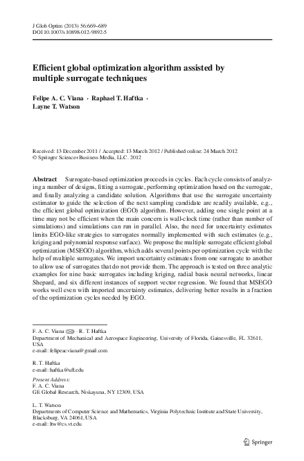 Pdf Efficient Global Optimization Algorithm Assisted By Multiple