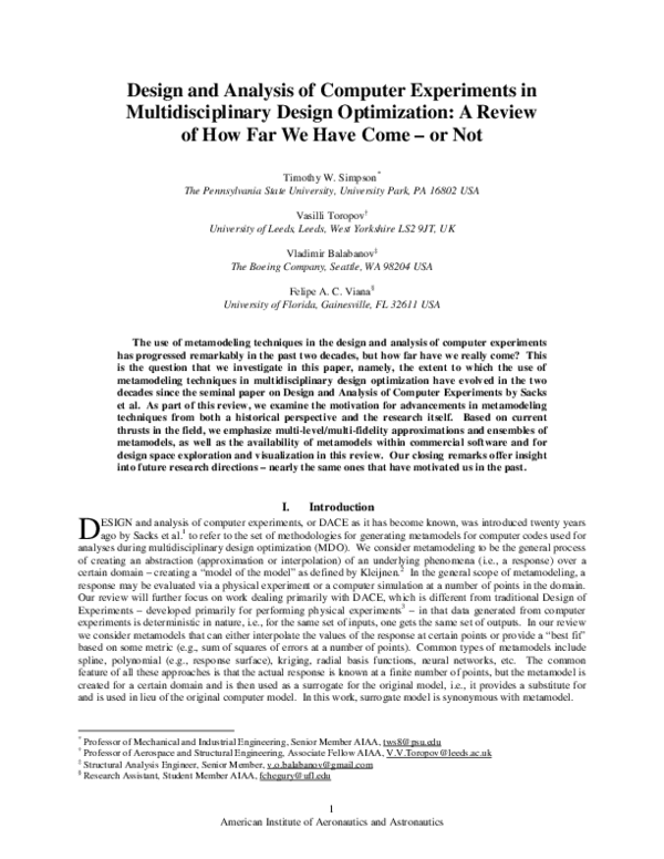 (PDF) Design and Analysis of Computer Experiments in Multidisciplinary Design Optimization: A ...