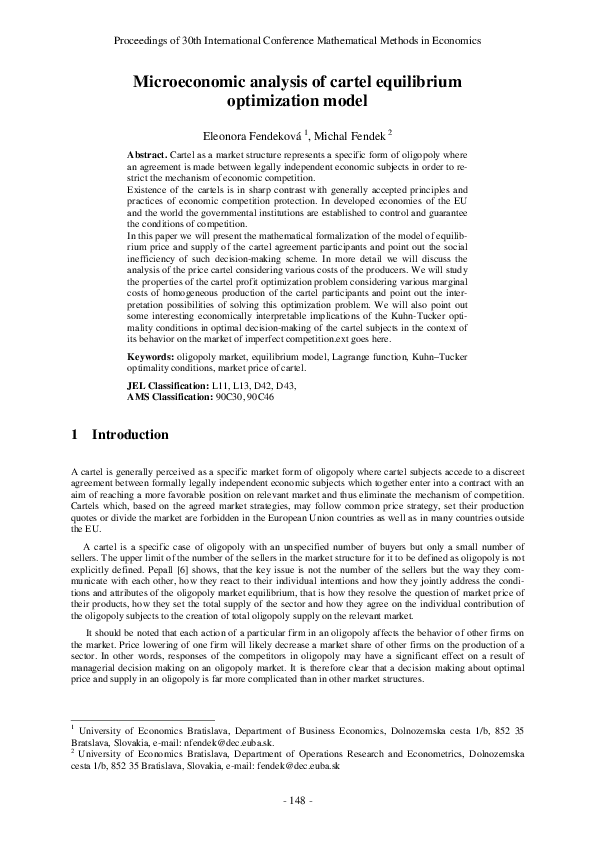 (PDF) Microeconomic analysis of cartel equilibrium optimization model