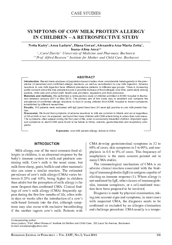 (PDF) Symptoms of Cow Milk Protein Allergy in Children – a Retrospective Study