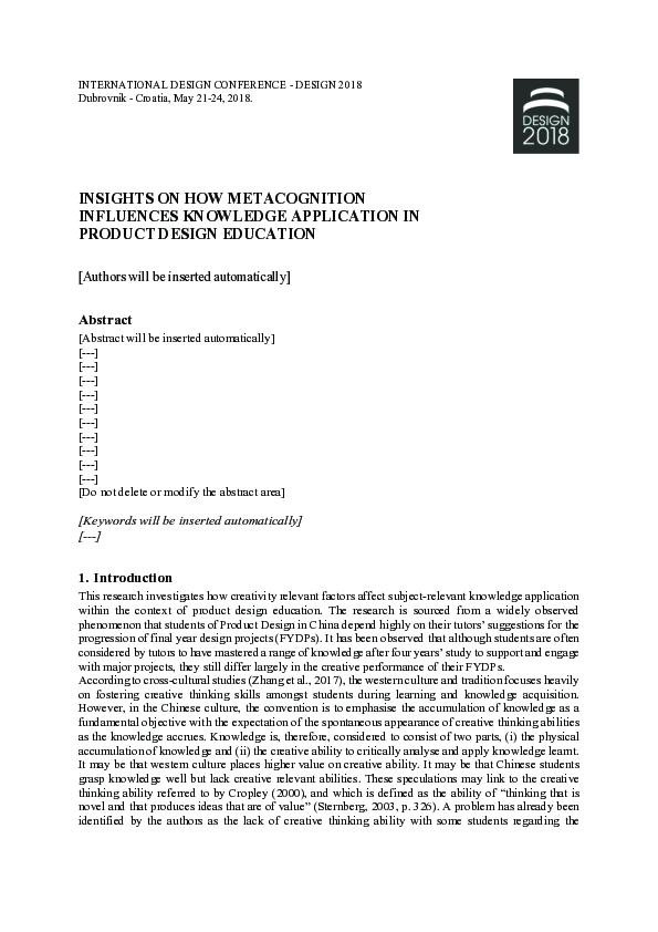 Pdf Insights On How Metacognition Influences Knowledge Application In Product Design Education
