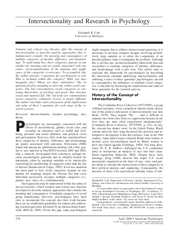(PDF) Intersectionality and research in psychology