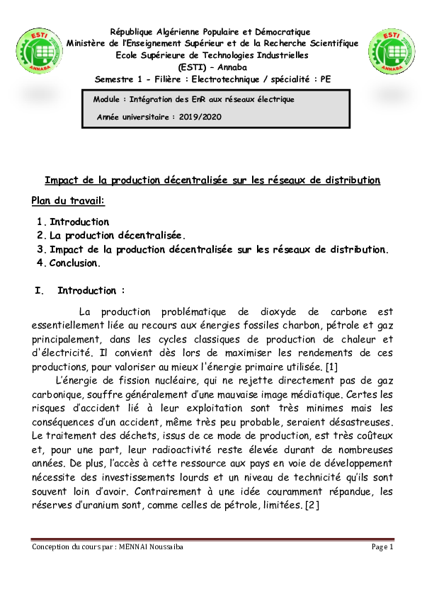 (PDF) Impact de la production décentralisée sur les réseaux de distribution