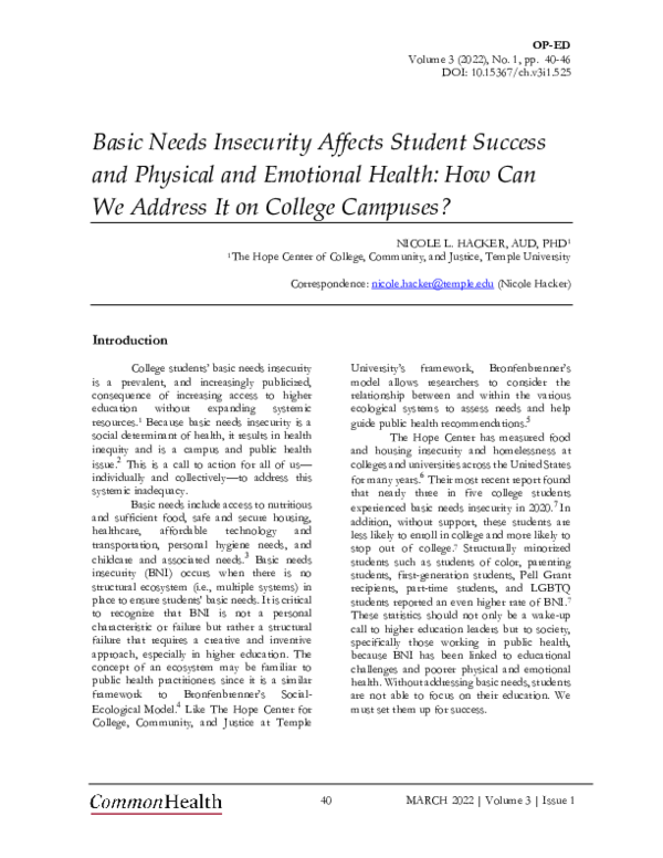 (PDF) Basic Needs Insecurity Affects Student Success and Physical and ...