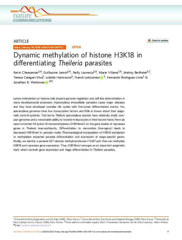 (PDF) Dynamic methylation of histone H3K18 in differentiating Theileria ...