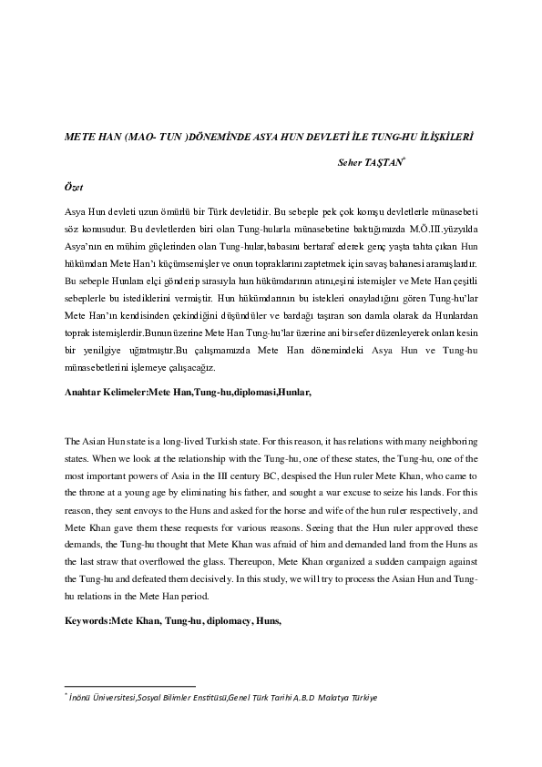 (PDF) METE HAN (MAO-TUN )DÖNEMİNDE ASYA HUN DEVLETİ İLE TUNG-HU İLİŞKİLERİ