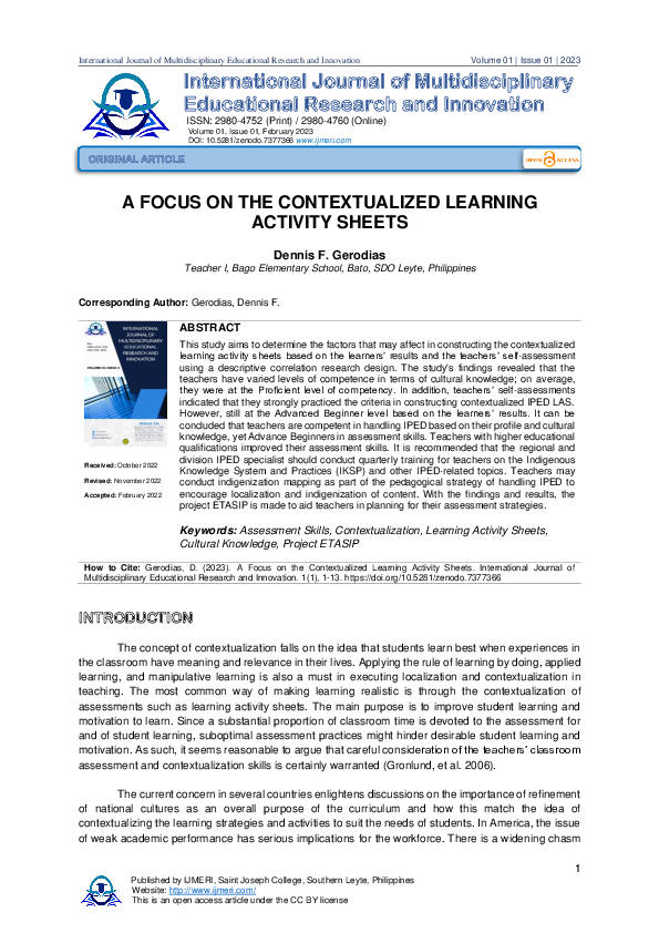 (PDF) A Focus on the Contextualized Learning Activity Sheets