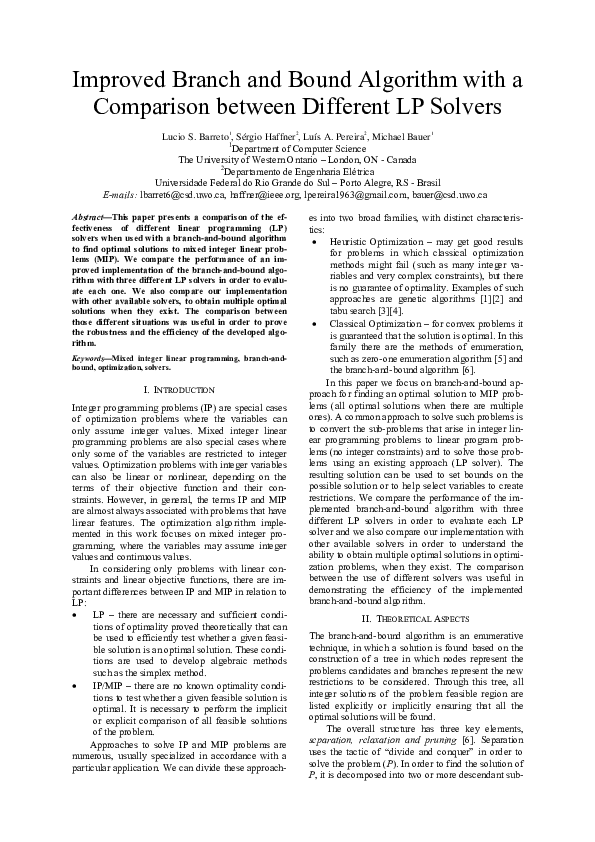 Pdf Improved Branch And Bound Algorithm With A Comparison Between