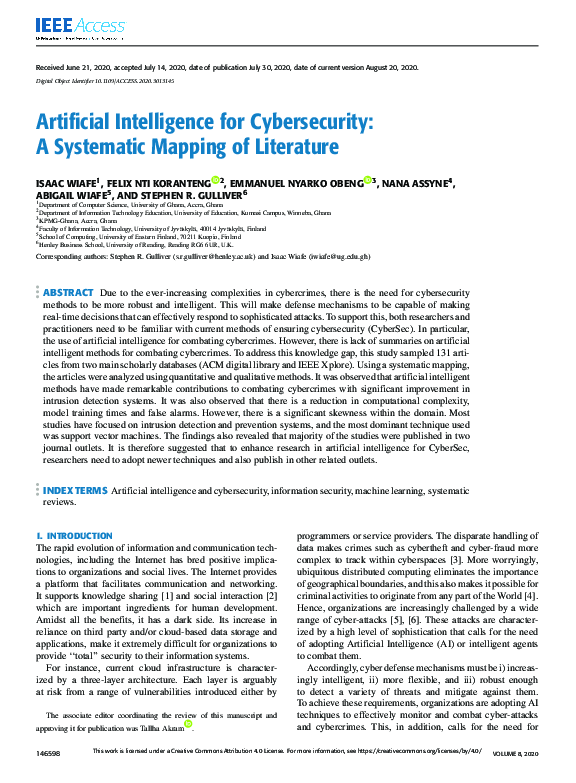 (PDF) Artificial Intelligence for Cybersecurity: A Systematic Mapping of Literature