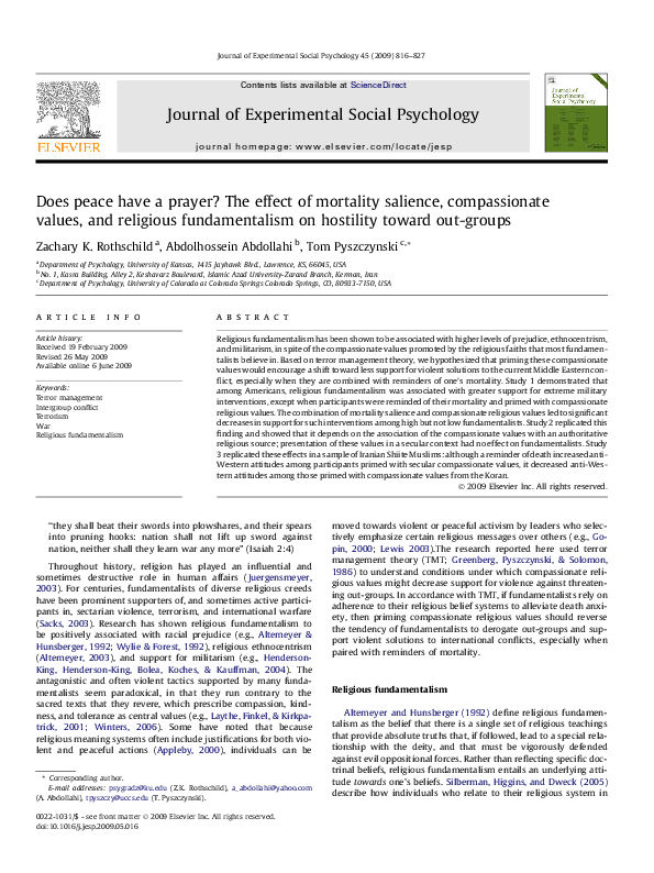 (PDF) Does peace have a prayer? The effect of mortality salience, compassionate values, and ...