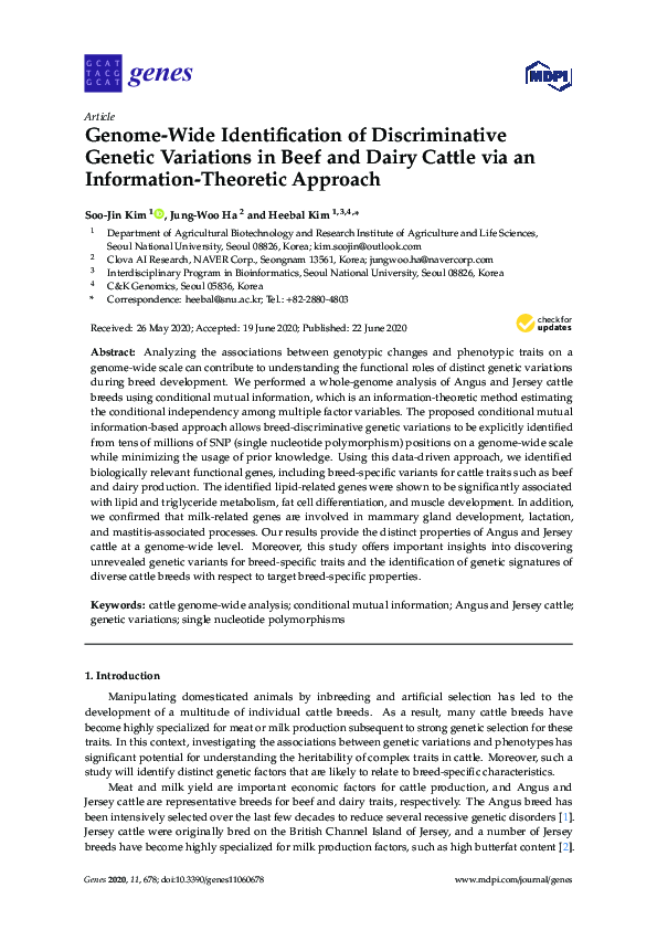 Pdf Genome Wide Identification Of Discriminative Genetic Variations In Beef And Dairy Cattle