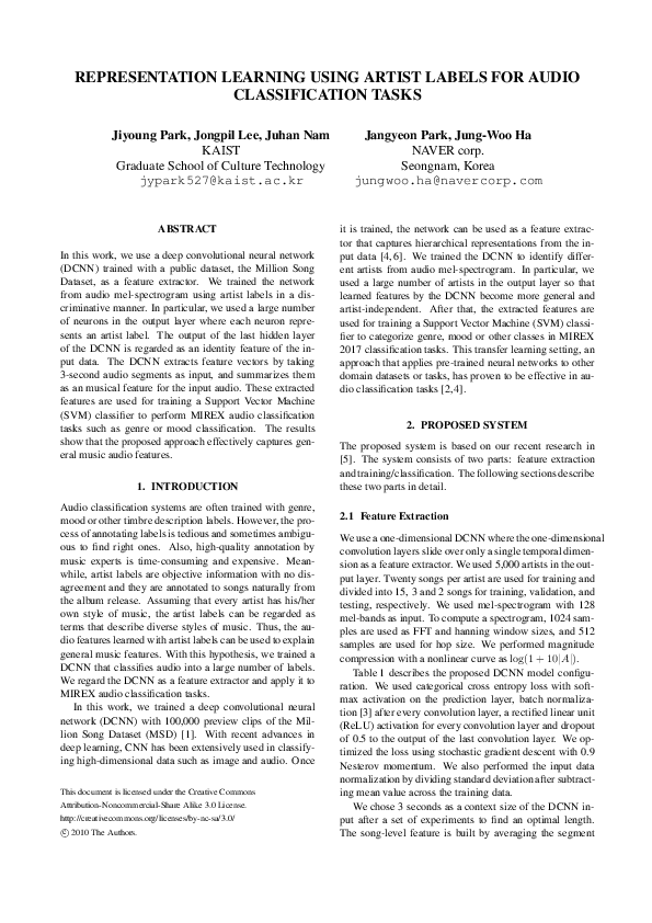 (PDF) Representation Learning Using Artist labels for Audio Classification Tasks | Jung-Woo Ha ...