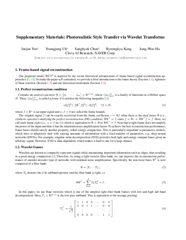 (PDF) Supplementary Materials: Photorealistic Style Transfer via Wavelet Transforms
