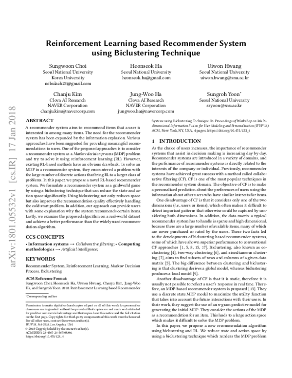 (PDF) Reinforcement Learning based Recommender System using Biclustering Technique