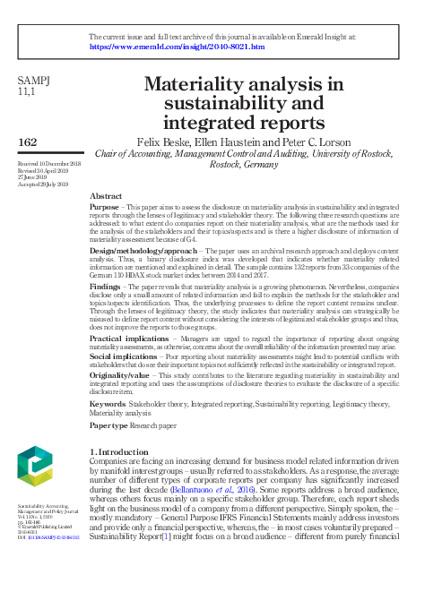 (PDF) Materiality analysis in sustainability and integrated reports