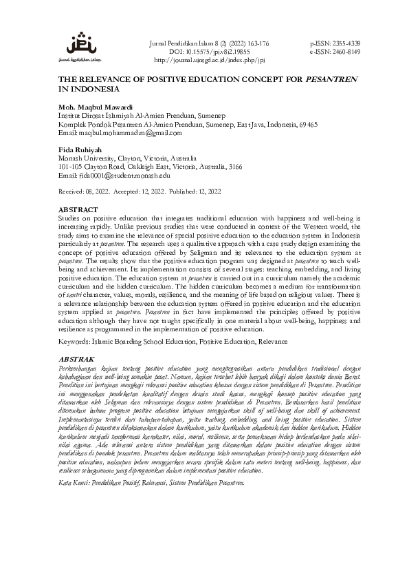 (PDF) The Relevance of Positive Education Concept for Pesantren in ...