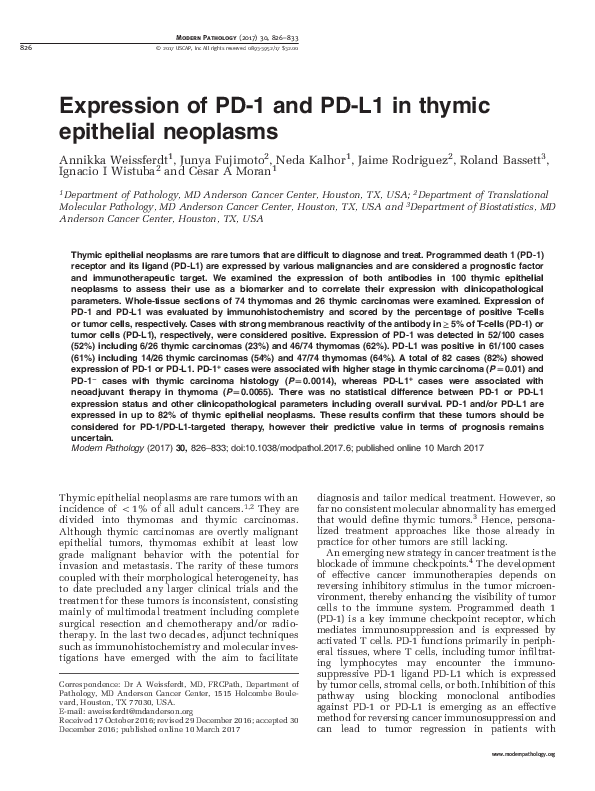 Pdf Expression Of Pd 1 And Pd L1 In Thymic Epithelial Neoplasms