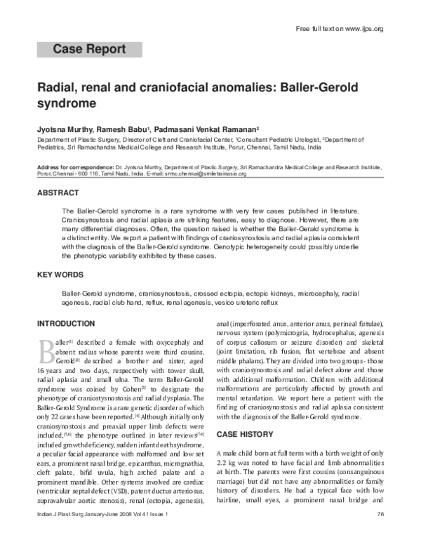 (PDF) Radial, renal and craniofacial anomalies: Baller-Gerold syndrome ...