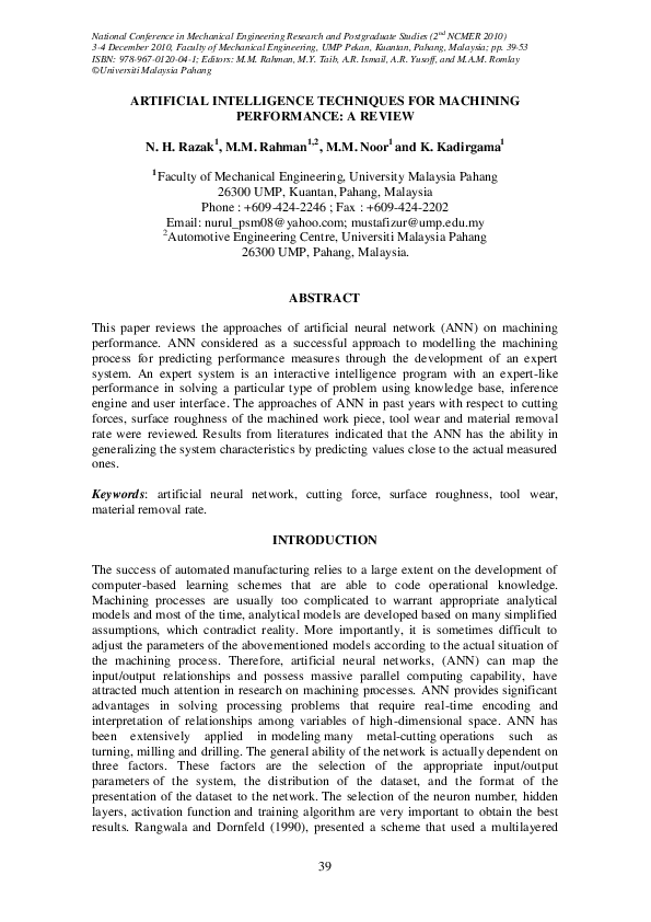 (PDF) Artificial Intelligence Techniques For Machining Performance: A Review