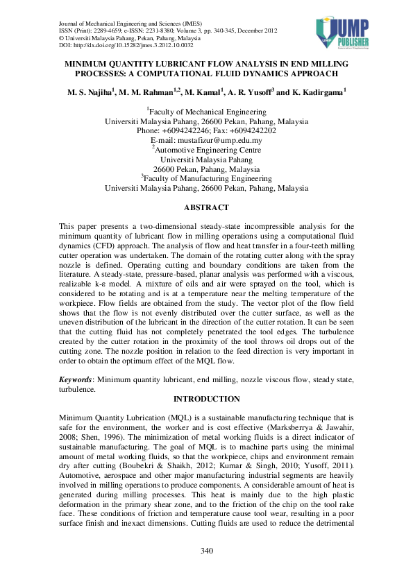 Pdf Minimum Quantity Lubricant Flow Analysis In End Milling Processes A Computational Fluid
