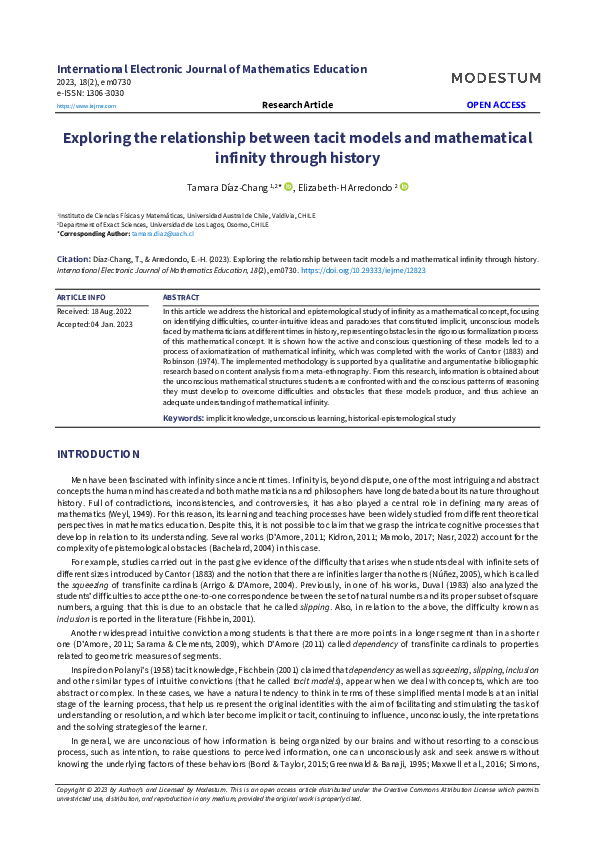 (PDF) Exploring the relationship between tacit models and mathematical infinity through history