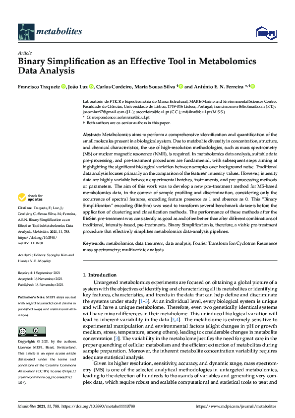 (PDF) Binary Simplification as an Effective Tool in Metabolomics Data Analysis