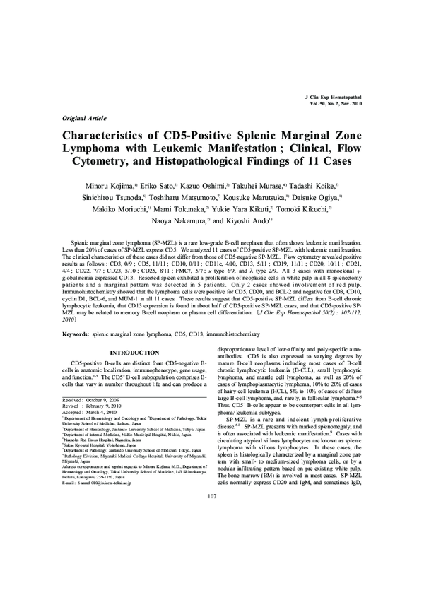 (PDF) Characteristics of CD5-Positive Splenic Marginal Zone Lymphoma with Leukemic Manifestation ...