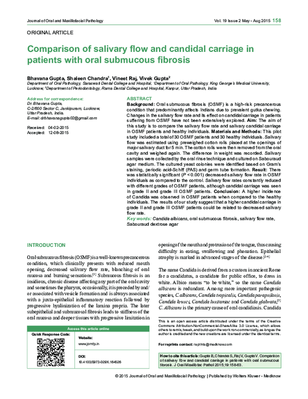 (PDF) Comparison of salivary flow and candidal carriage in patients ...
