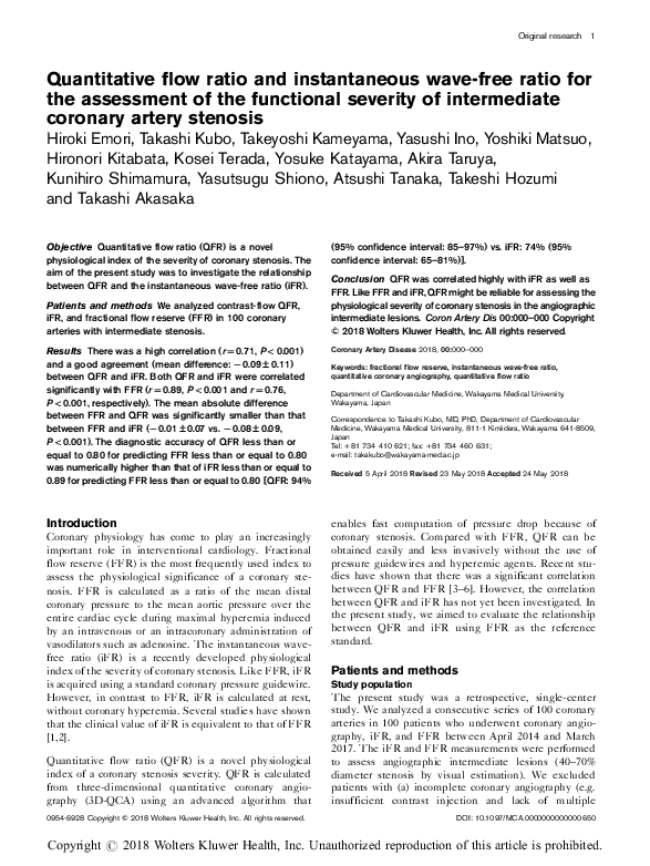 (PDF) Quantitative flow ratio and instantaneous wave-free ratio for the ...