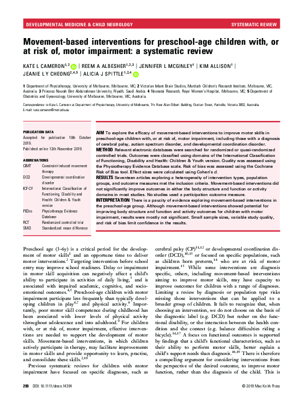 (PDF) Movement‐based interventions for preschool‐age children with, or ...