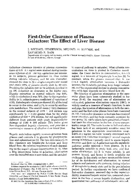 (PDF) First-Order Clearance of Plasma Galactose: The Effect of Liver ...