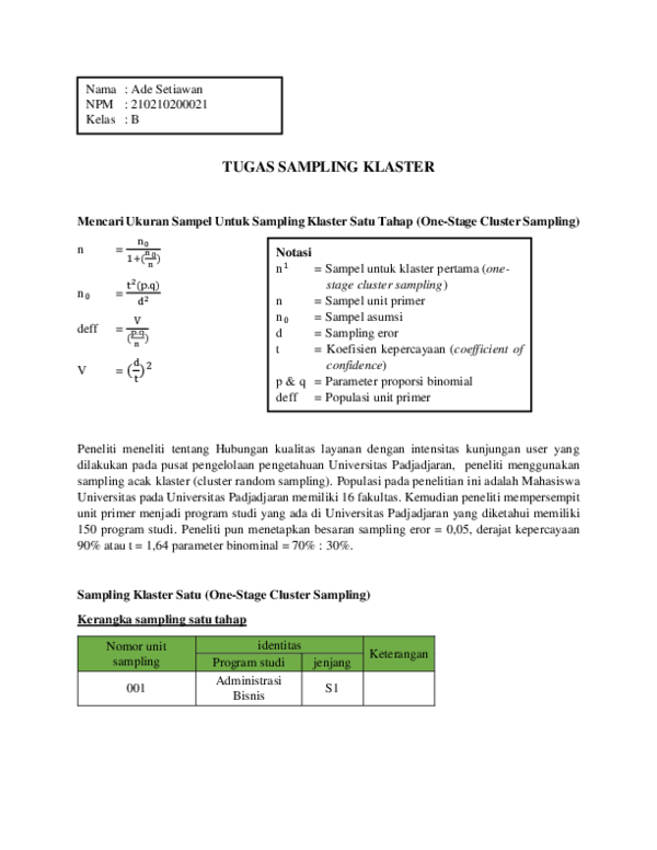 (PDF) TUGAS SAMPLING KLASTER Mencari Ukuran Sampel Untuk Sampling Klaster Satu Tahap (One-Stage ...