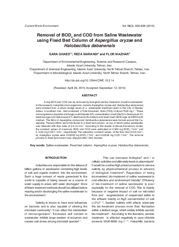 (PDF) Removal of BOD5 and COD From Saline Wastewater Using Fixed Bed Column of Aspergillus ...