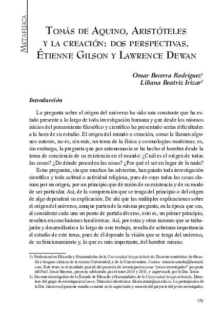 (PDF) Becerra, O (2018). Tomás de Aquino, Aristóteles y la creación dos ...
