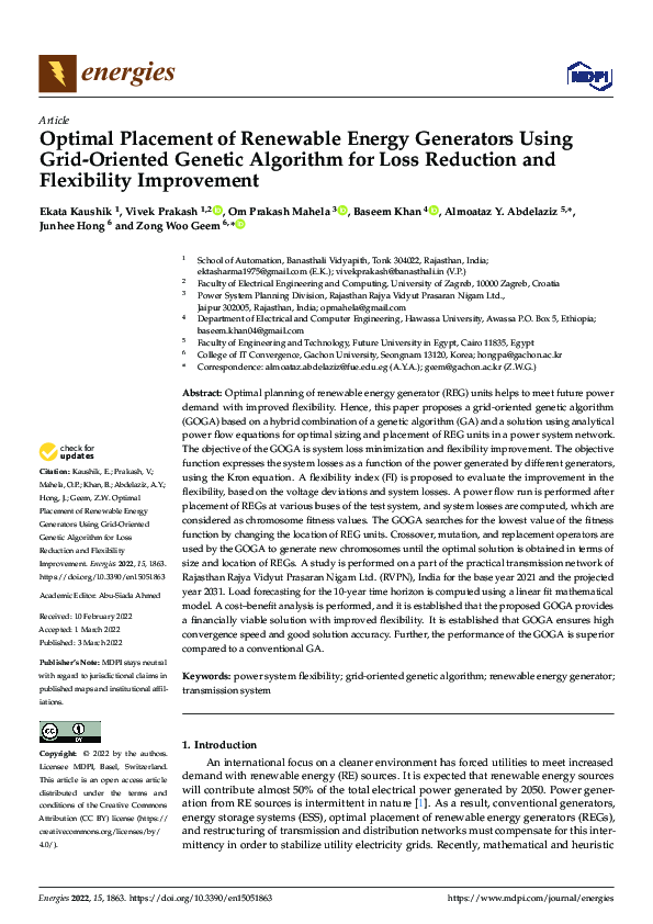 Pdf Optimal Placement Of Renewable Energy Generators Using Grid Oriented Genetic Algorithm For