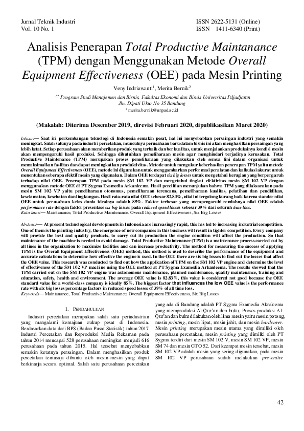 (PDF) Analisis Penerapan Total Productive Maintanance (TPM) dengan Menggunakan Metode Overall ...