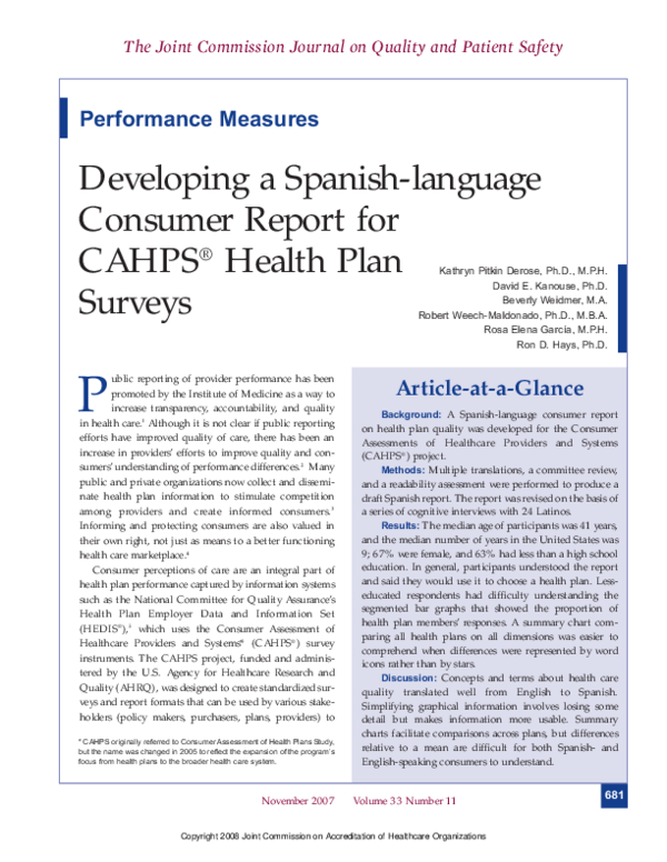 (PDF) Developing a Spanish-language Consumer Report for CAHPS® Health ...