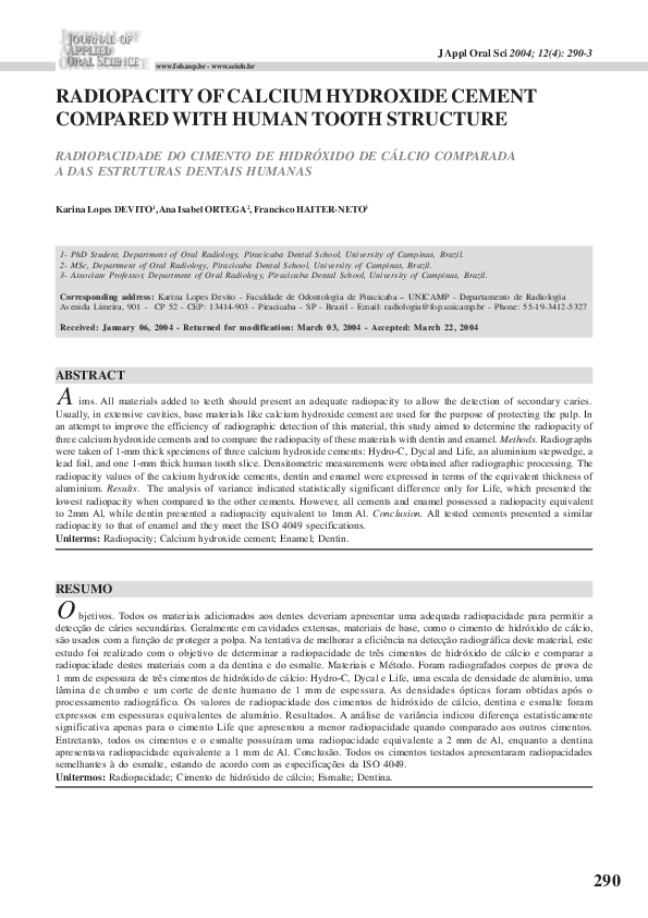 (PDF) Radiopacity of calcium hydroxide cement compared with human tooth ...