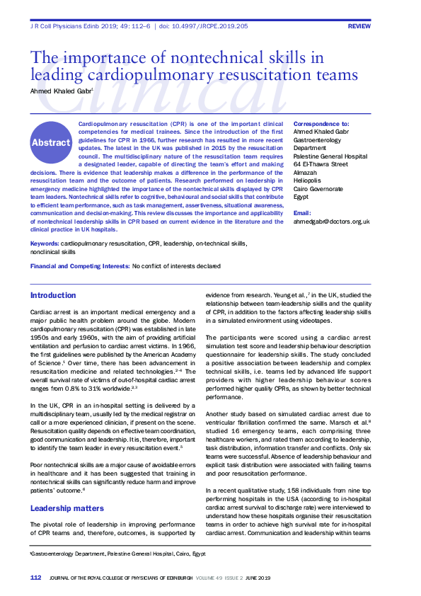 (PDF) The Importance of Nontechnical Skills in Leading Cardiopulmonary Resuscitation Teams