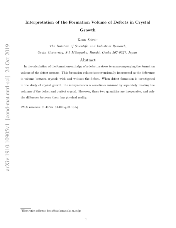 (PDF) Interpretation of the Formation Volume of Defects in Crystal Growth