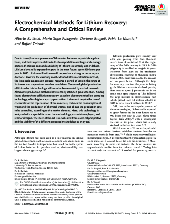 (PDF) Electrochemical Methods for Lithium Recovery: A Comprehensive and ...