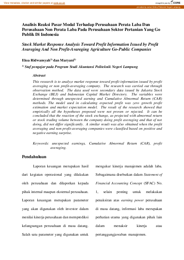 (PDF) Analisis Reaksi Pasar Modal Terhadap Perusahaan Perata Laba Dan Perusahaan Non Perata Laba ...