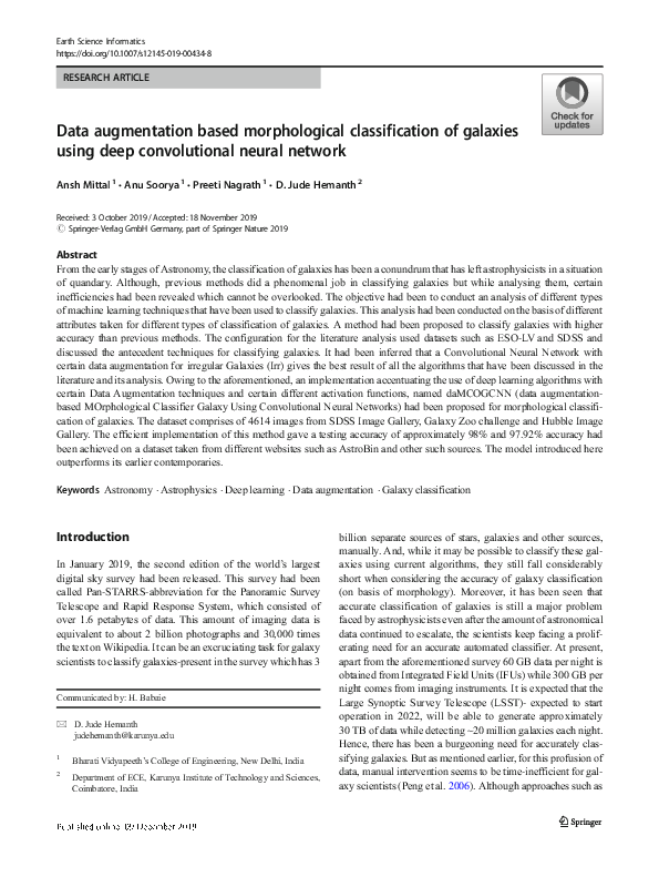 Pdf Data Augmentation Based Morphological Classification Of Galaxies Using Deep Convolutional