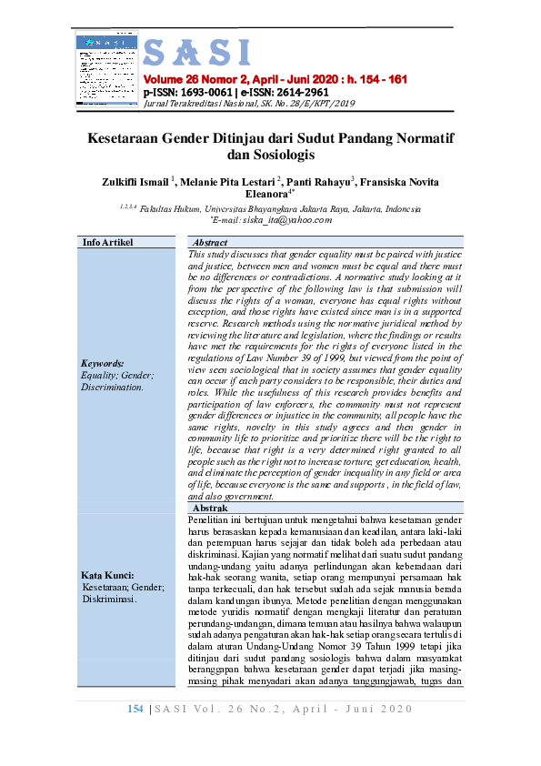 Pdf Kesetaraan Gender Ditinjau Dari Sudut Pandang Normatif Dan Sosiologis